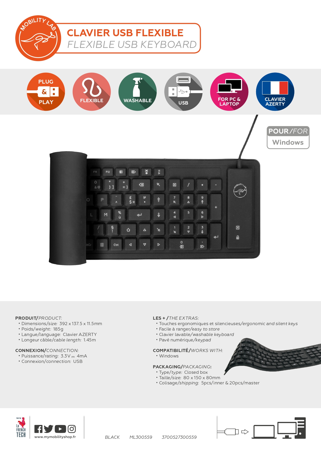 Clavier Mobility Lab Clavier - - FLEXIBLE Filaire USB pour PC ASUS ROG ...