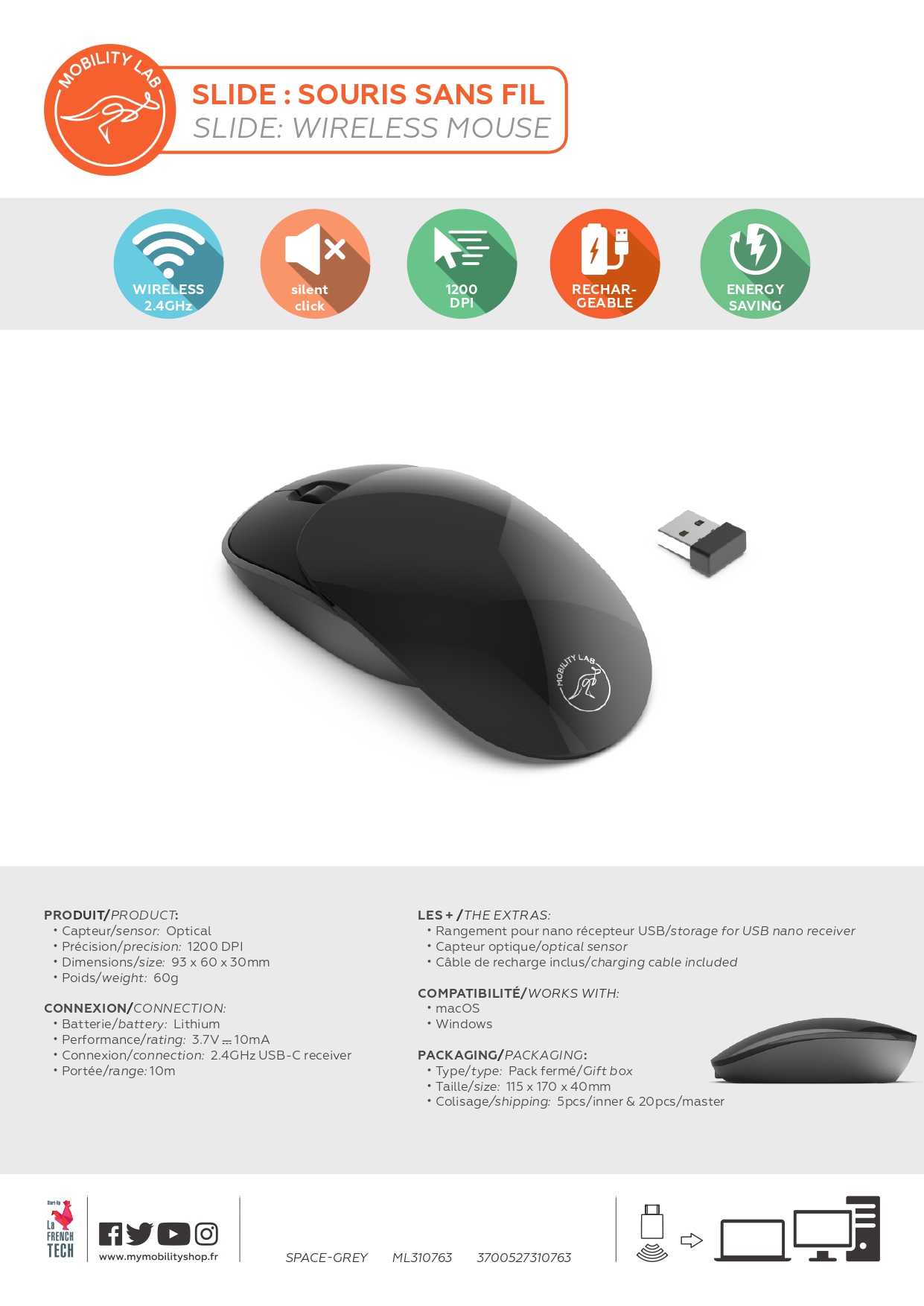 Souris Slide Sans Fil MOBILITY LAB WINDOWS pour PC SONY VAIO (ARGENT ...