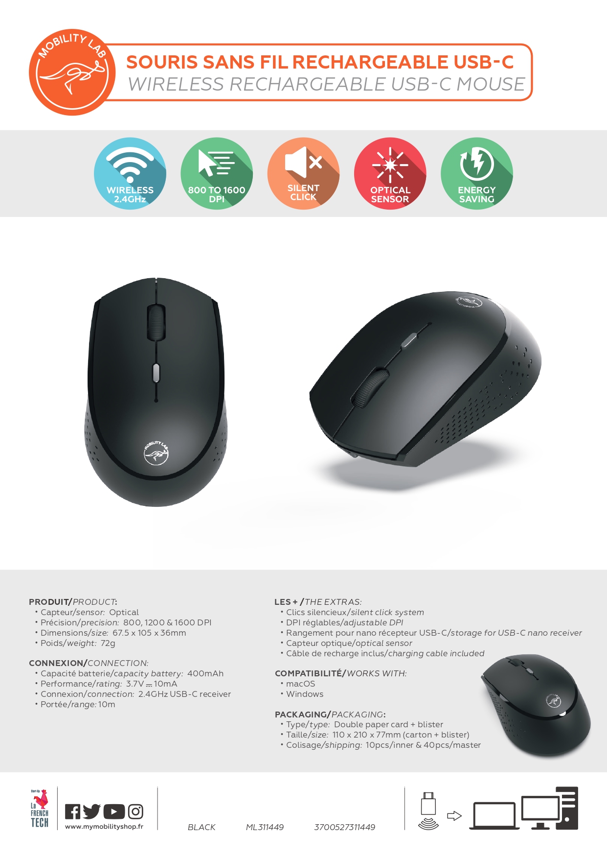 Souris MOBILITY LAB Sans Fil Rechargeable USB-C et WINDOWS pour PC ...