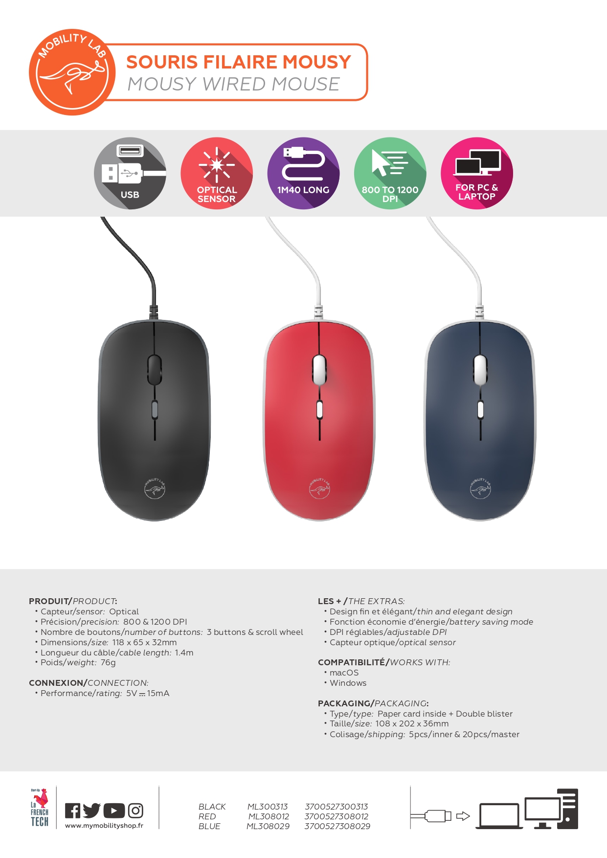 Souris Mobility Lab Souris Filaire MOUSY WINDOWS pour PC MICROSOFT Bleu ...